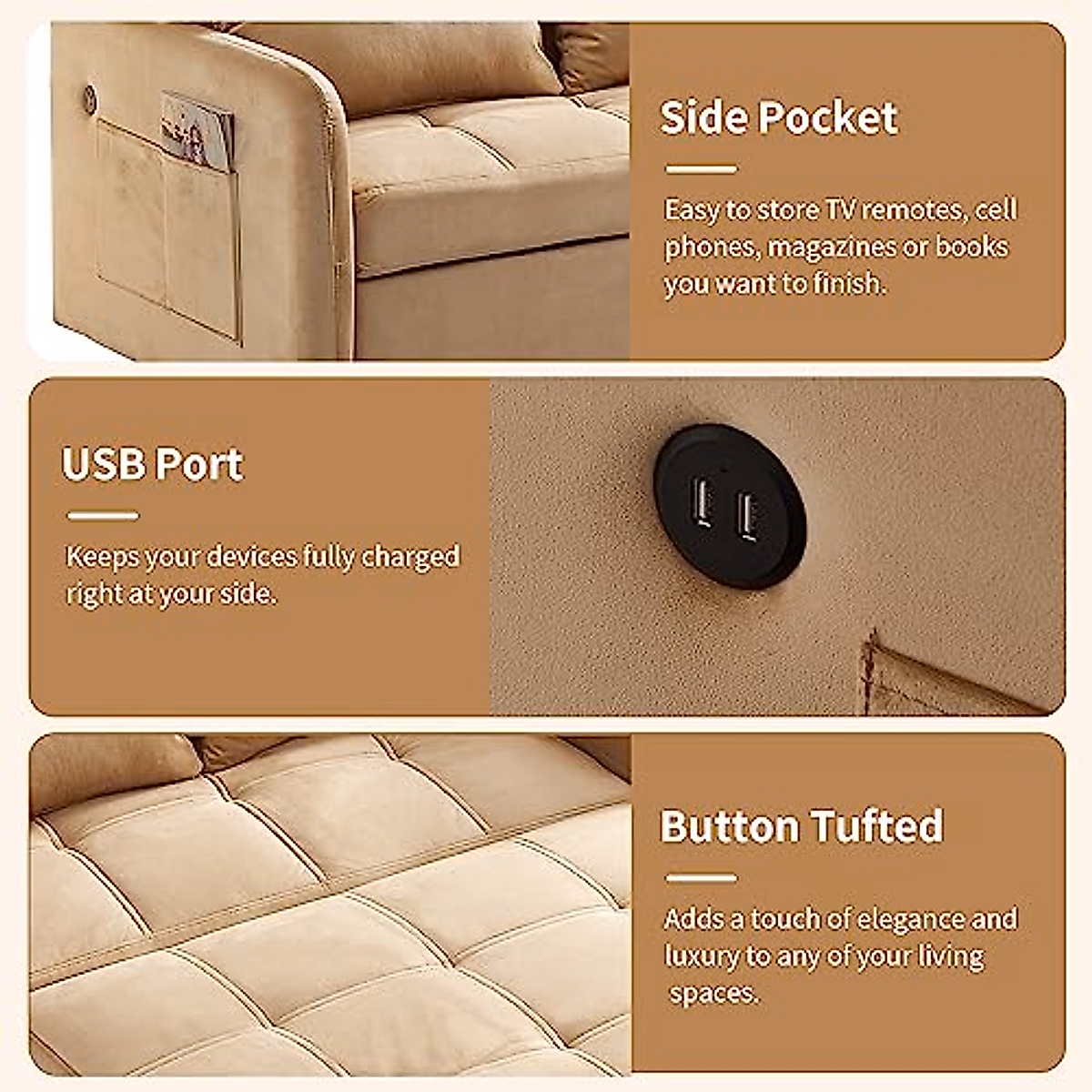 NIOIIKIT 3-in-1 Convertible Sleeper Sofa Bed, Modern Velvet Loveseat Sofa Couch, Chaise Lounge with Adjustable Backrest, Pillows, Pocket, Pull Out Bed for Living Room, Bedroom (Khaki)