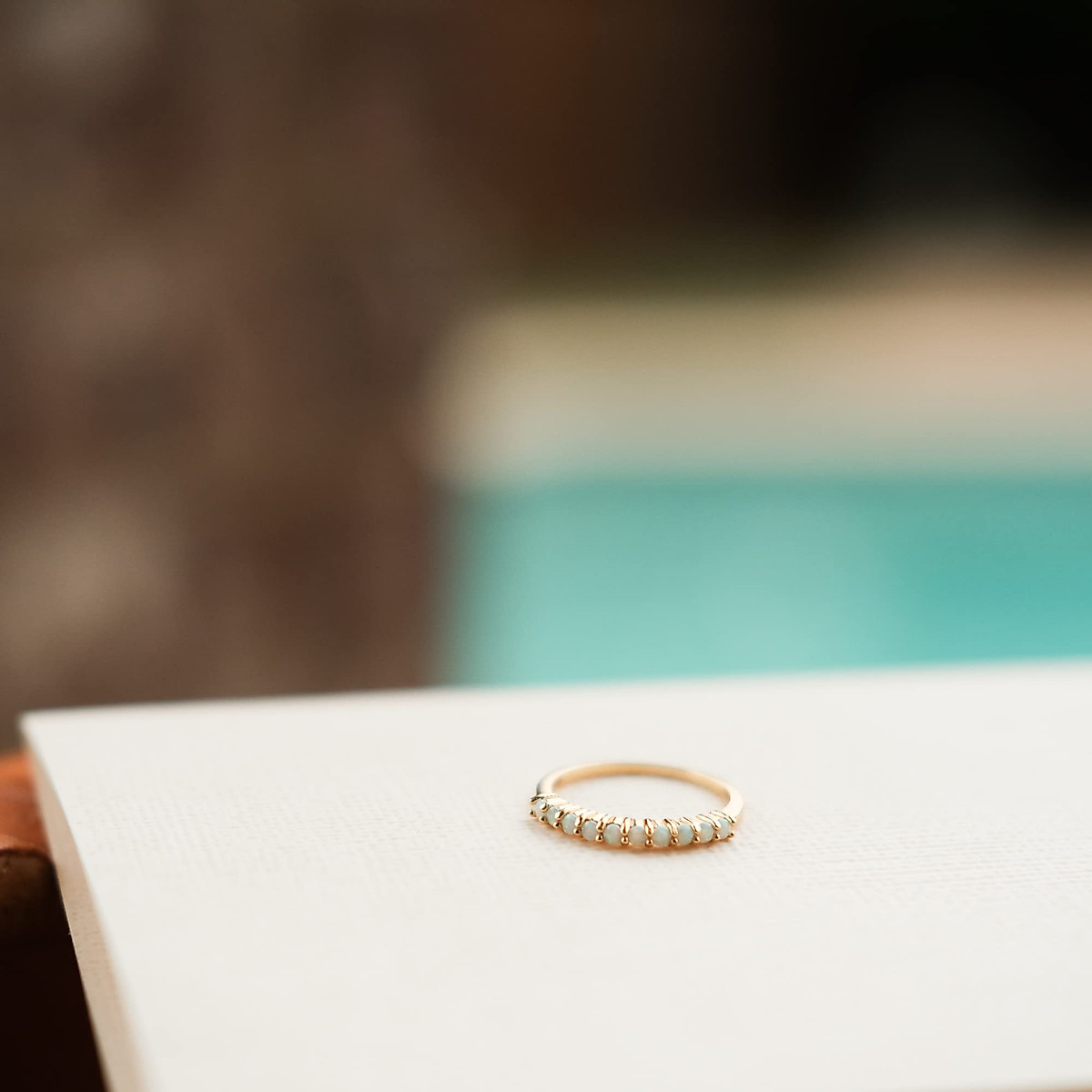 espere White Opal Half Eternity Band Wedding Ring | 18K Gold Plated Sterling Silver Dainty Linear Opal Stacking Bands | Minimalist October Birthstone Jewelry Gift for Her [Size 5]