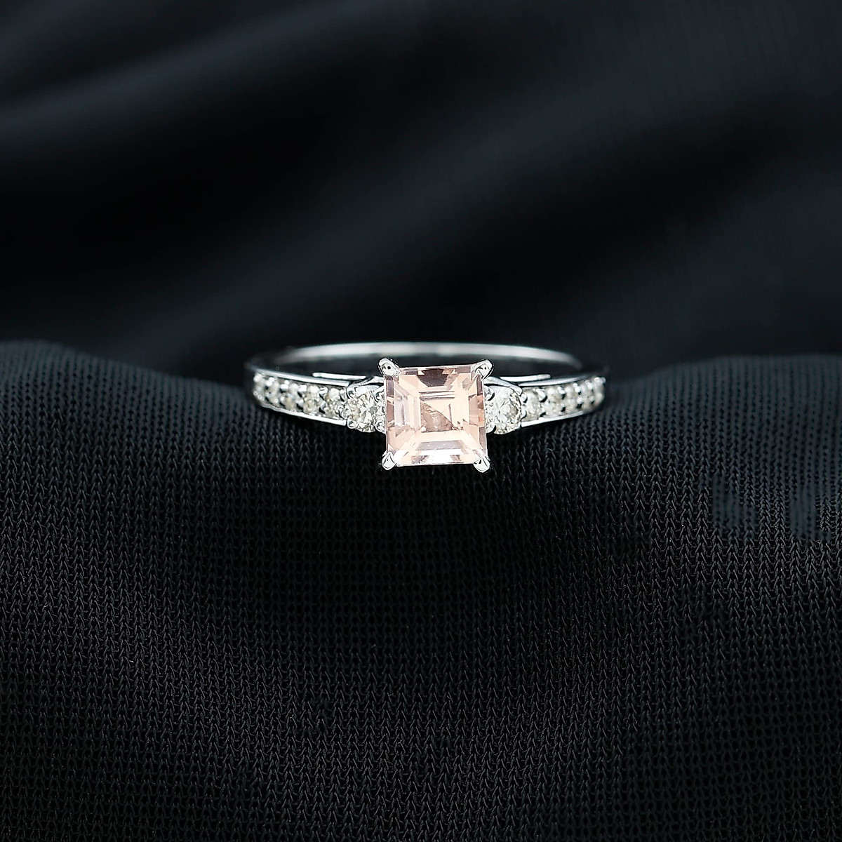 Certified Morganite 5 mm Princess Cut Engagement Ring, AAA Quality, Natural Peach Morganite Diamond Ring (With Jewelry Box), 14K White Gold, Size:US 5.00