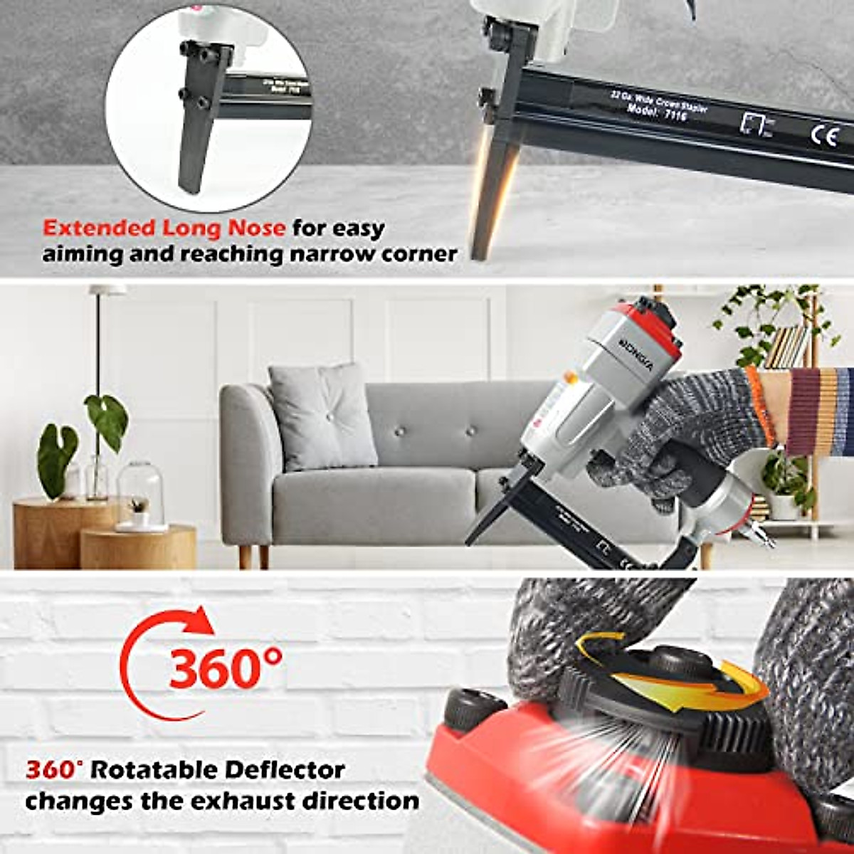 Dongya 7116L Pneumatic Upholstery Stapler with Long Nose, 22 Gauge 3/8'' Crown, 1/4''to 5/8'' 3/8'' Length Fine Wire Crown Stapler, Air Power Staple Gun for Furniture & Wood & Upholstering