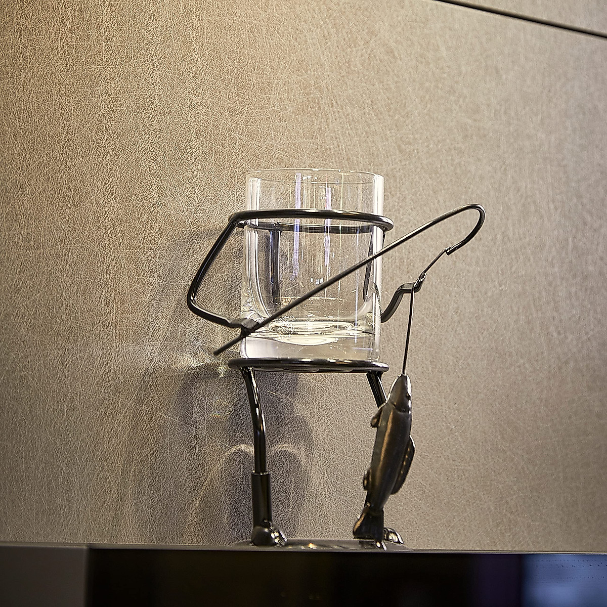 Fisherman Fishing Whiskey, Wine & Water Glass - Glass & Metal Cup Holder- Hook & Line Whiskey, Scotch, Liquor Cup Holder, Holds Cup, Great Gift for Fishing Enthusiasts, Boaters, Fathers, Sons