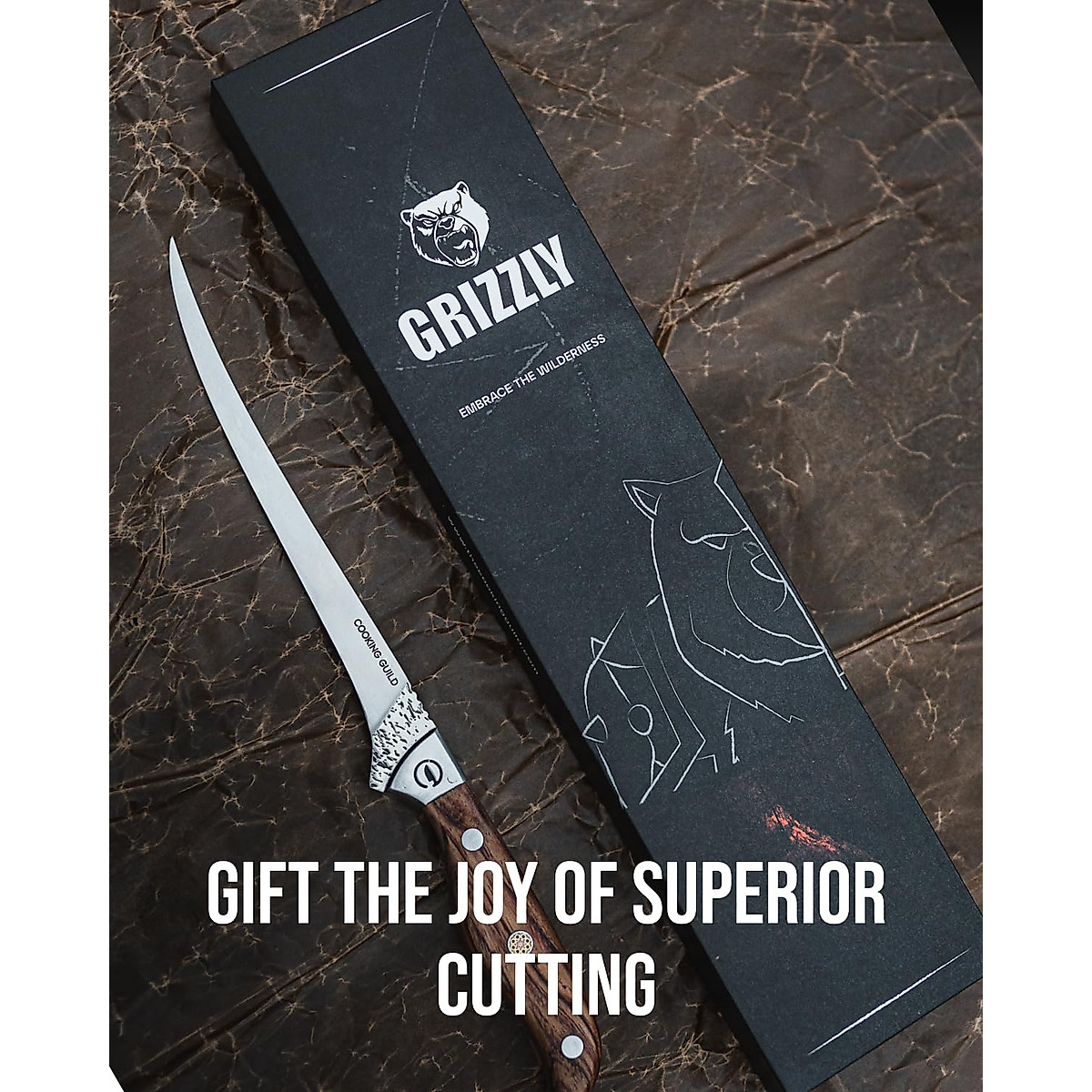 The Cooking Guild Fillet Knife - 7 Inches - Grizzly Series - High Carbon Stainless Steel Boning Knife - Rosewood Handle Knife Filet - Deboning Knife Filet for Meat & Fish