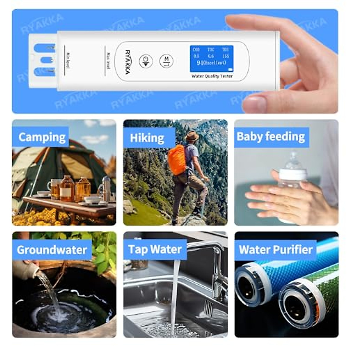 RYAKKA Drinking Water Quality Tester, 6-in-1 TDS Meter Digital Water Tester| TOC,COD,TDS,UV275,EC & Temp | Organic Contamination | Lab Grade | Well, Tap, Water Purifier & Outdoor Water Quality (White)