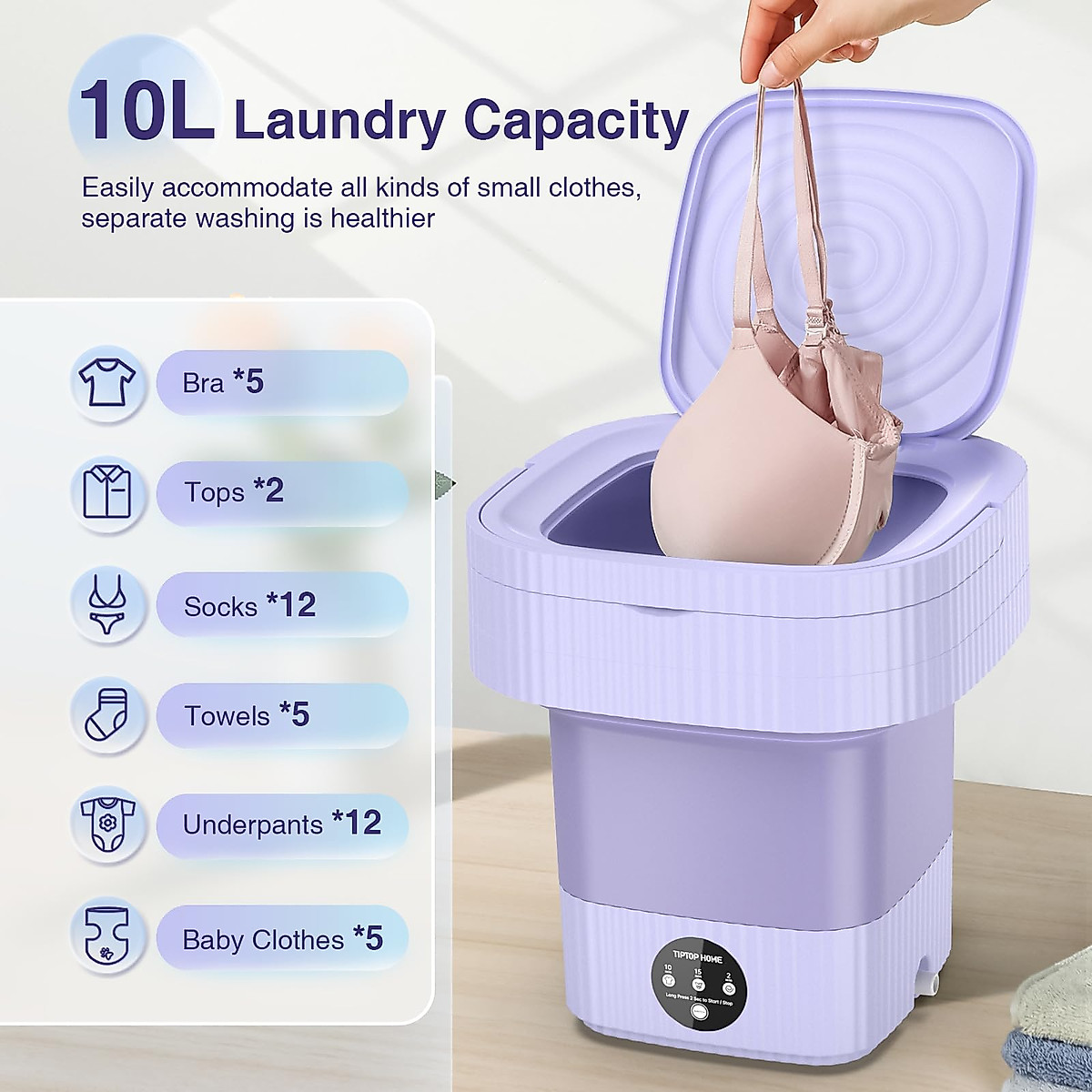 Portable Washing Machine, 10L Foldable Washer Machine, 3 Modes Deep Clean Small Item Baby Clothes Pet Supplies Underwears Socks Towels Suitable for Apartment Laundry Camping Travel