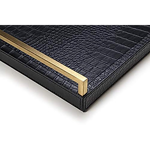 WV Serving Tray Faux Black Crocodile Leather with Brushed Gold Stainless Steel Handle (Black and Gold)
