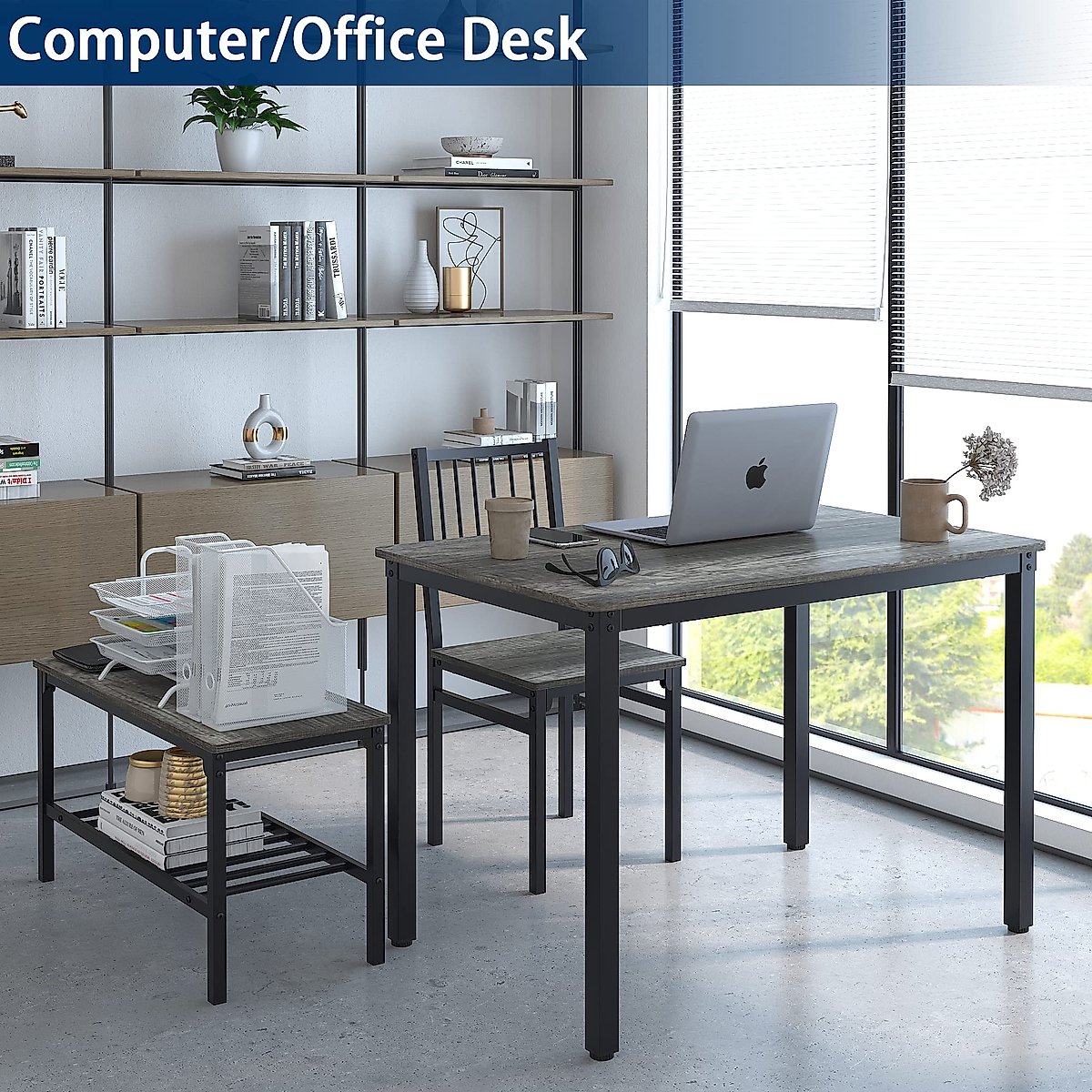 Teraves Dining Table Set for 4/Computer Desk,Kitchen Table with 2 Chairs and a Bench,Table and Chairs Dining Set 4 Picce Set for Dining Room (Black Oak+Black Frame,120CM)