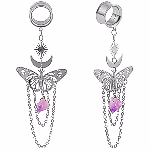 DOEARKO 2PCS New Butterfly-Pendant Hypoallergenic Stainless Steel Dangle Ear Plugs Tunnels Ear Gauges Stretcher Pair Selling 2g 0g Piercing Body Jewelry (10mm(00G), Silver)