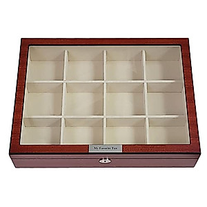 TIMELYBUYS Personalized Display Case for 12 Ties, Belts, and Accessories Cherry Wood Storage Box