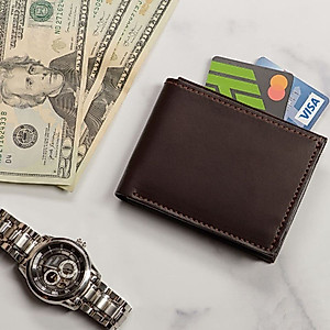 Premium Full Grain Bridle Leather Men’s Bifold Wallet With Flip Up ID Window – Brown - Made in USA