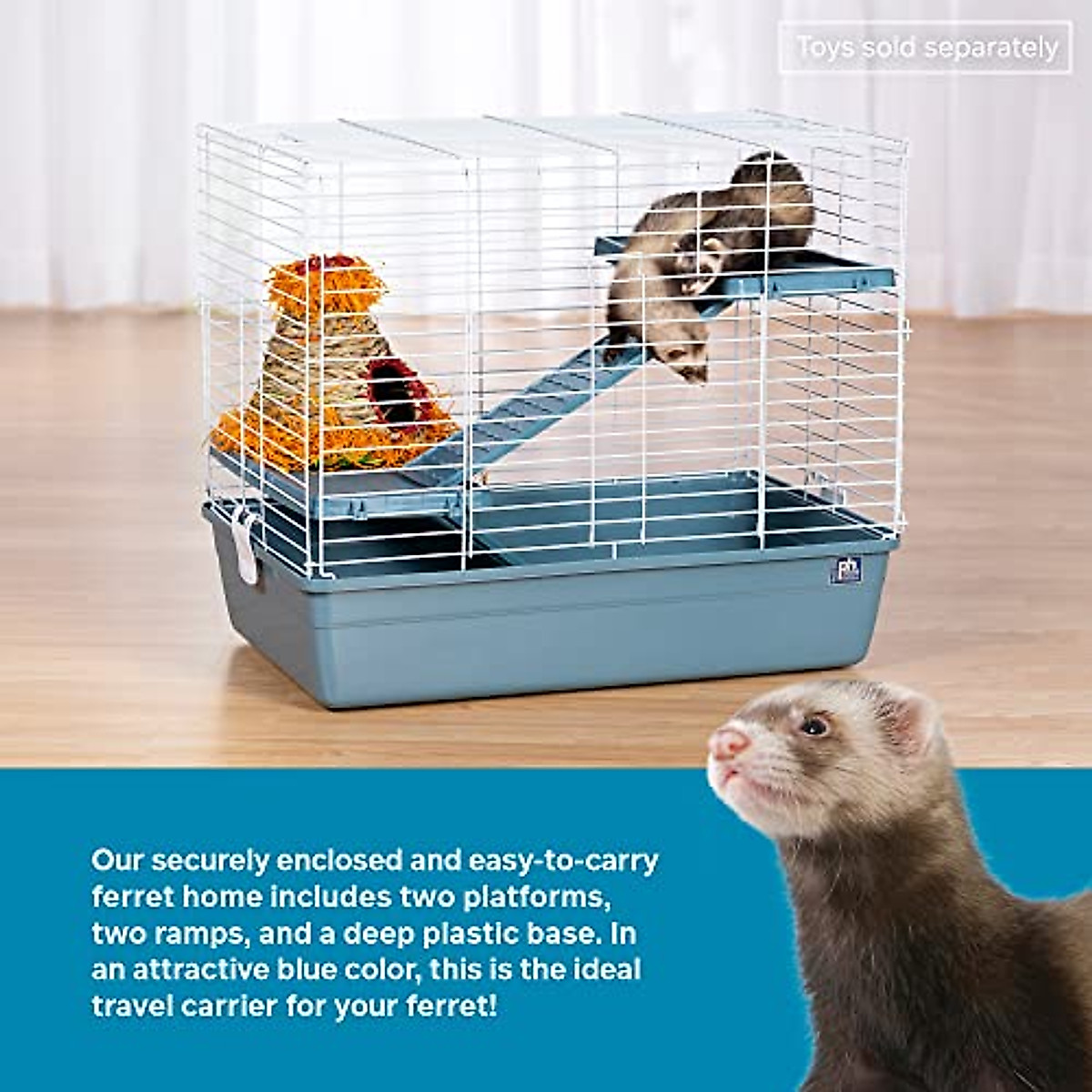 Prevue Pet Products Adult Ferret, Chinchilla, Small Animal Critter Home/Travel Cage with Deep Tubby Base, 1 inch Wire Spacing, Blue (529BLUE)