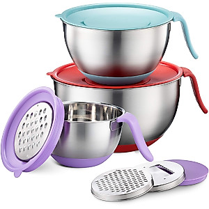 Stainless Steel Mixing Bowls with Lids (Set of 3) - Features Long Handles, Pour Spout, Non Slip Colorful Silicone Bottom, 3 Graters, & Measurement Marks. Ideal for Baking, Serving, Food & Salad Prep.