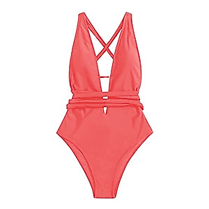SweatyRocks Women's Sexy Basic Criss Cross Tie Knot Front Deep V Open Back One Piece Swimwear Watermelon Pink S