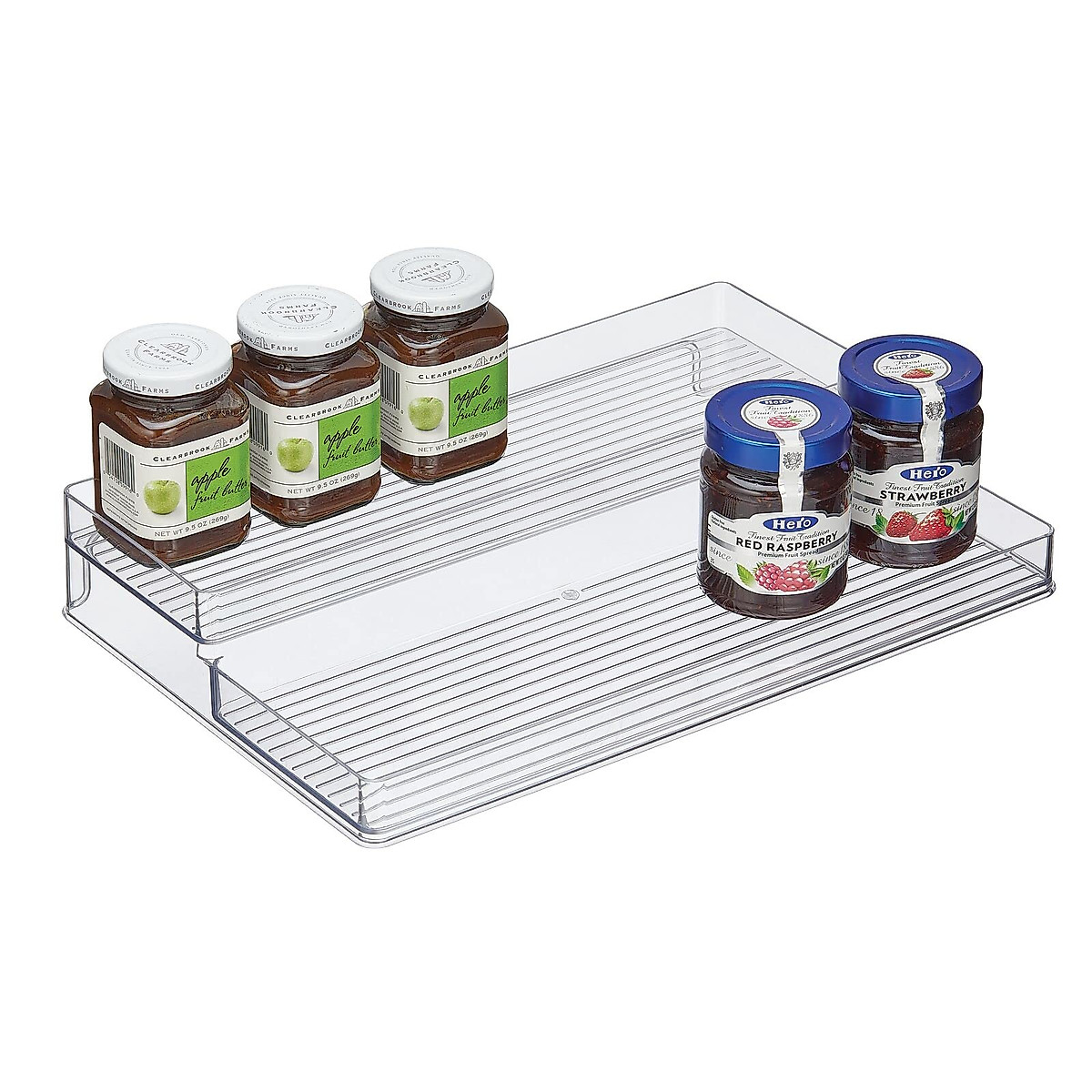 mDesign Plastic Kitchen Food Storage Organizer 2-Tiered Shelves, Spice Holder Rack Steps for Cabinet, Cupboard, Counter, Pantry - Holds Seasoning, Canned Food, Condiments - Ligne Collection - Clear