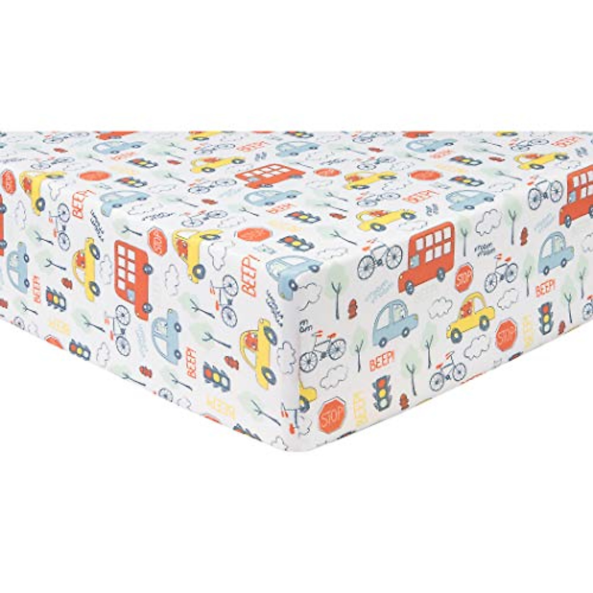 Sammy & Lou Beep Beep 4-Piece Baby Nursery Crib Bedding Set, Includes Quilt, Fitted Crib Sheet, Crib Skirt, and Plush Toy