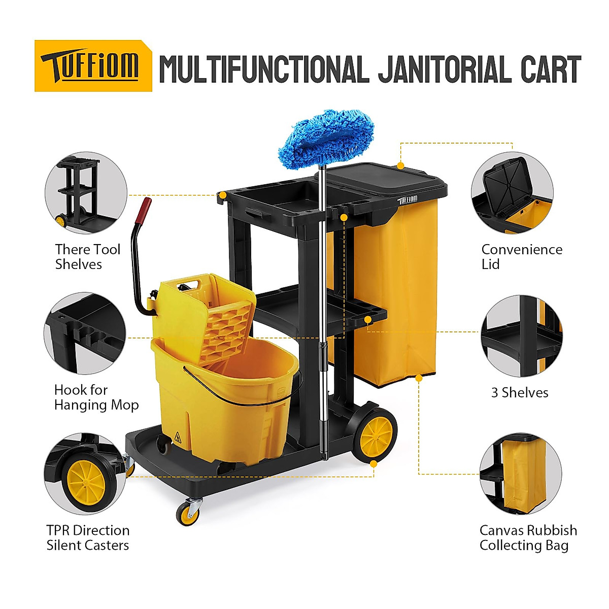 TUFFIOM Commercial Traditional Cleaning 3-Shelf Janitorial Cart, 500 Lbs Capacity Housekeeping Cart, Wheeled with Yellow VinylBag and Cover w Lid, Black