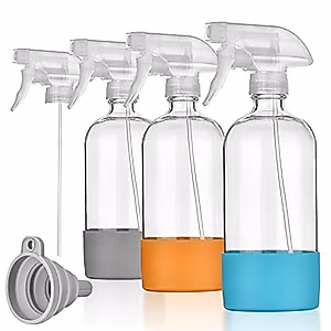 Homyfux Empty Clear Glass Spray Bottles with Silicone Sleeve Protection - Refillable 17oz Containers for Cleaning Solutions, Essential Oils, Misting Plants - Quality Sprayer - 3 Pack