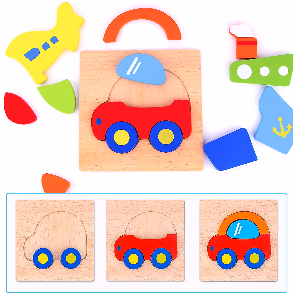 SKYFIELD Wooden Vehicle Puzzles for Toddlers 1 2 3 Years Old, Boys &Girls Educational Toys Gift with 4 Vehicle Patterns, Bright Vibrant Color Shapes, Customize Gift Box Ready(Vehicle)