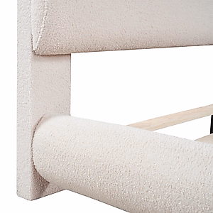 Teddy Fleece Queen Size Upholstered Platform Bed with Thick Fabric, Solid Frame and Stylish Curve-Shaped Design,for Kids Teens Adults Bedroom (Beige@Teddy Fleece, Queen)