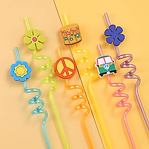 24 60's Hippie Theme Party Favors Retro Flower Cutouts Peace Drinking Straws for 60s Groovy Party Supplies Tie Dye Birthday Party Supplies with 2 PCS Straws Cleaning Brush