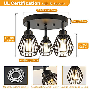 Baocuz 3-Light Kitchen Light Fixtures Ceiling Mount, Adjustable Multi-Directional Ceiling Fixture, Farmhouse Black Metal Cage Flush Mount Ceiling Light Fixtures for Hallway Dining Room Entryway