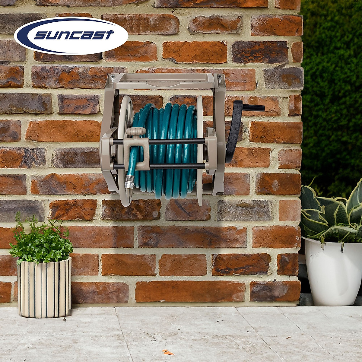 Suncast Wall-Mount Garden Hose Reel, 175 ft. 5/8 in. Vinyl Water Hose Holder, Light Taupe