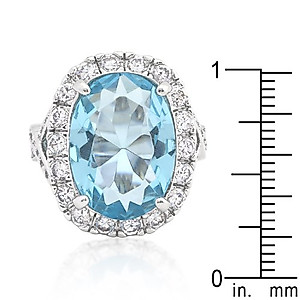 Kate Bissett Rhodium Plated Blue Topaz Oval Cocktail Ring with Faceted Blue Topaz Center CZ Size 8