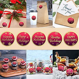 500 Pieces Happy Holidays Stickers Gold Foil Stamping Sticker 2 Inch Large Round Holiday Stickers for Christmas Holiday Cards Envelopes Boxes, 5 Styles
