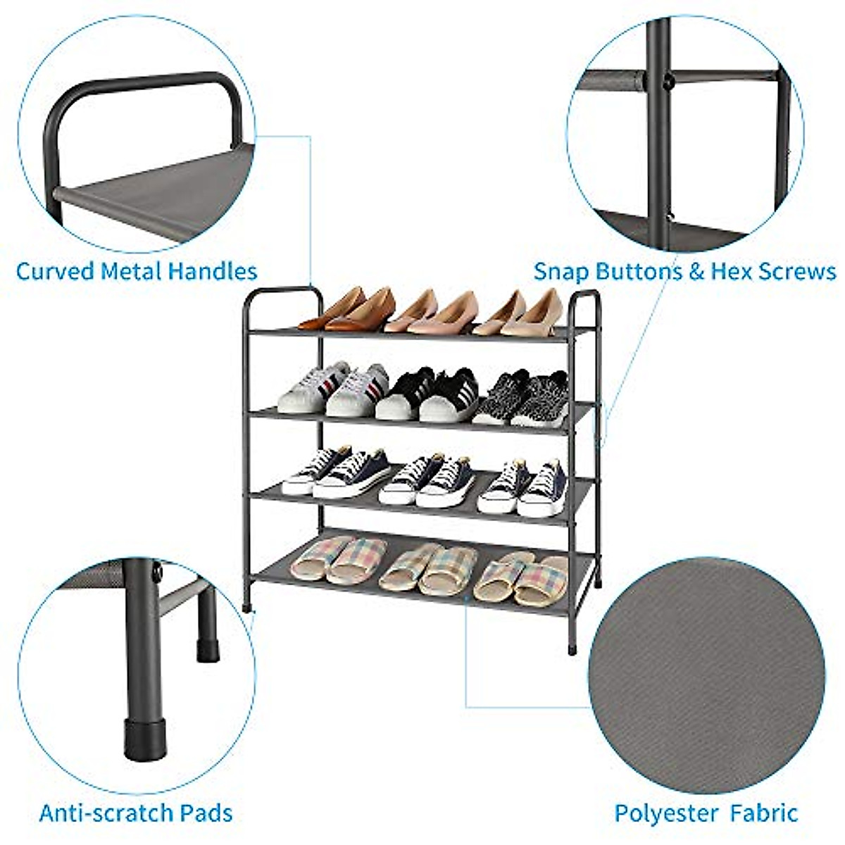 MAX Houser Shoe Rack Storage Organizer 4 Tier Free Standing Fabric Shoe Shelf Compact Shoe closet Organizer Stand Shoe Rack Shelf for 12-20 Pairs, for Entryway Closet Bedroom (Dark Grey)