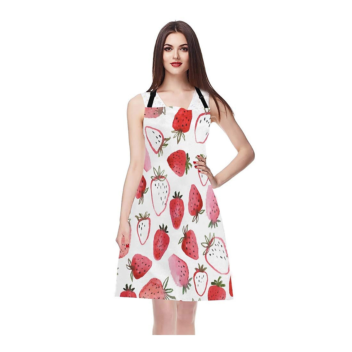 EKOBLA Strawberry Aprons Abstract Watercolor Hand Drawn Beautiful Fruit Fresh Sweet Spring Waterproof Resistant Chef Cooking Kitchen BBQ Adjustable Aprons for Women Men 27x31 Inch