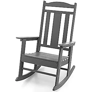 Giantex Patio Rocking Chair - All-Weather HDPE Porch Rocker Chair W/Slatted High Back, Outdoor & Indoor Rocker for Garden, Poolside, Courtyard, 330 lbs Load Capacity (1, Grey)