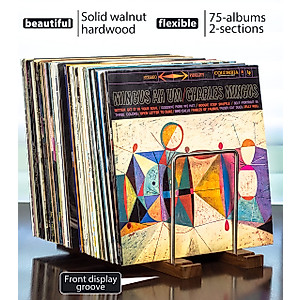 Durable Vinyl Record Storage Holder for 75 LPs, Solid Walnut Vinyl Record Stand with Built-in Now Playing Display, Sleek Vinyl Record Holder & Display for Albums