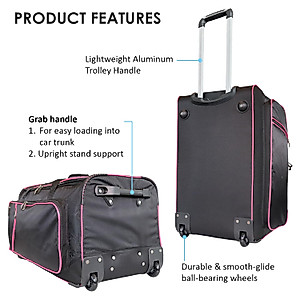Travolution Dance Bag with Garment Rack, 24 Inch Rolling Duffel With Wheels, Ideal for Competitions & Travel, Easy-assembly Lightweight Aluminum Clothes Rack, Wheeled Upright Luggage, Black/Pink