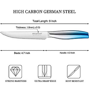 BECOKAY Steak Knives Set of 4, High Carbon German Stainless Steel Serrated Steak Knives, Ultra Sharp Steak Knife, Elegant Blue Kitchen Knife with Ergonomic Handle Gift Box for Mom Girlfriend Outdoor