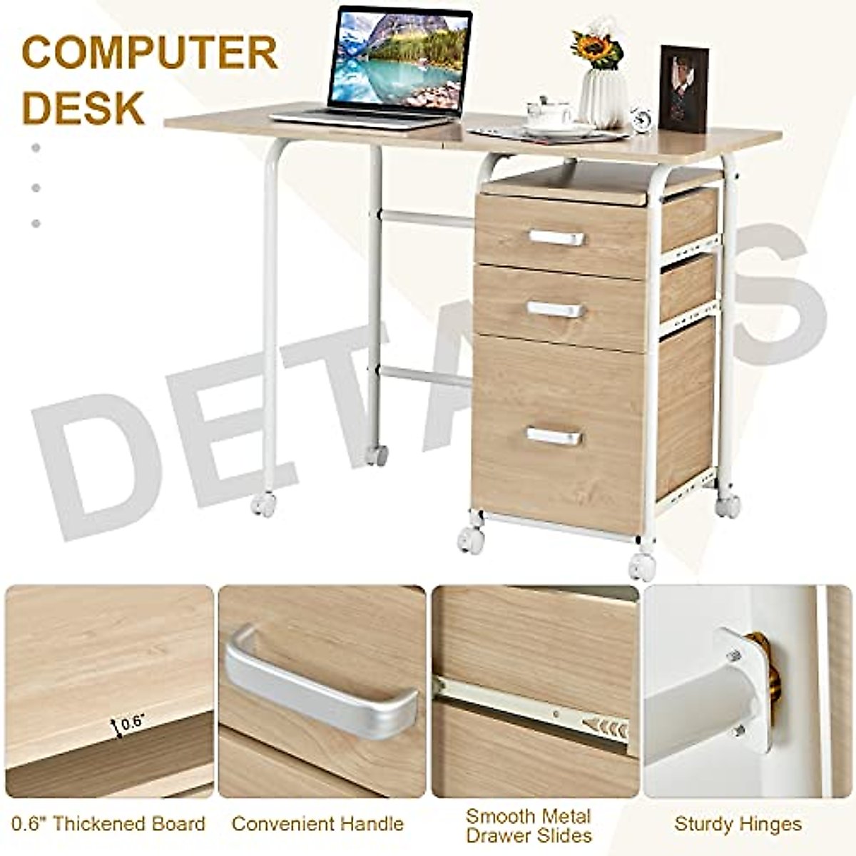 Tangkula Folding Computer Desk with 3 Storage Drawers, Mobile Home Office Desk Study Writing Desk with Smooth Wheels, Space Saving Compact Desk for Dorm Apartment, Rolling Folding Desk Table