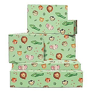 Jungle Wrapping Paper - 6 Sheets of Green Gift Wrap with Tags - Elephant Lion Monkey Tiger Crocodile - Safari Wrapping Paper for Kids Boys Girls - For Birthday or Baby Shower - Central 23