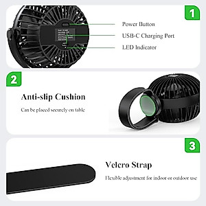Minthouz Stroller Fan with Flexible Strap, 2000mAh Rechargeable Portable Fan 3 Speeds Personal Fan USB Mini Cooling Fan for Baby/Stroller/Car Seat/Bike -Black