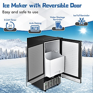 COSTWAY Commercial Ice Maker, 80LBS/24H Freestanding and Under Counter 115V Industrial Ice Machine with Self-Cleaning Function, 24H Timer, LCD Display, Drain Pump, Reversible Door, 25 LBS Ice Bin