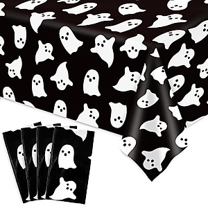 JarThenaAMCS 4Pcs Halloween Plastic Tablecloths White Black Ghost Disposable Table Cover Spooky Rectangle Table Cloth for Halloween Party Table Decor, 54 x 108 Inch