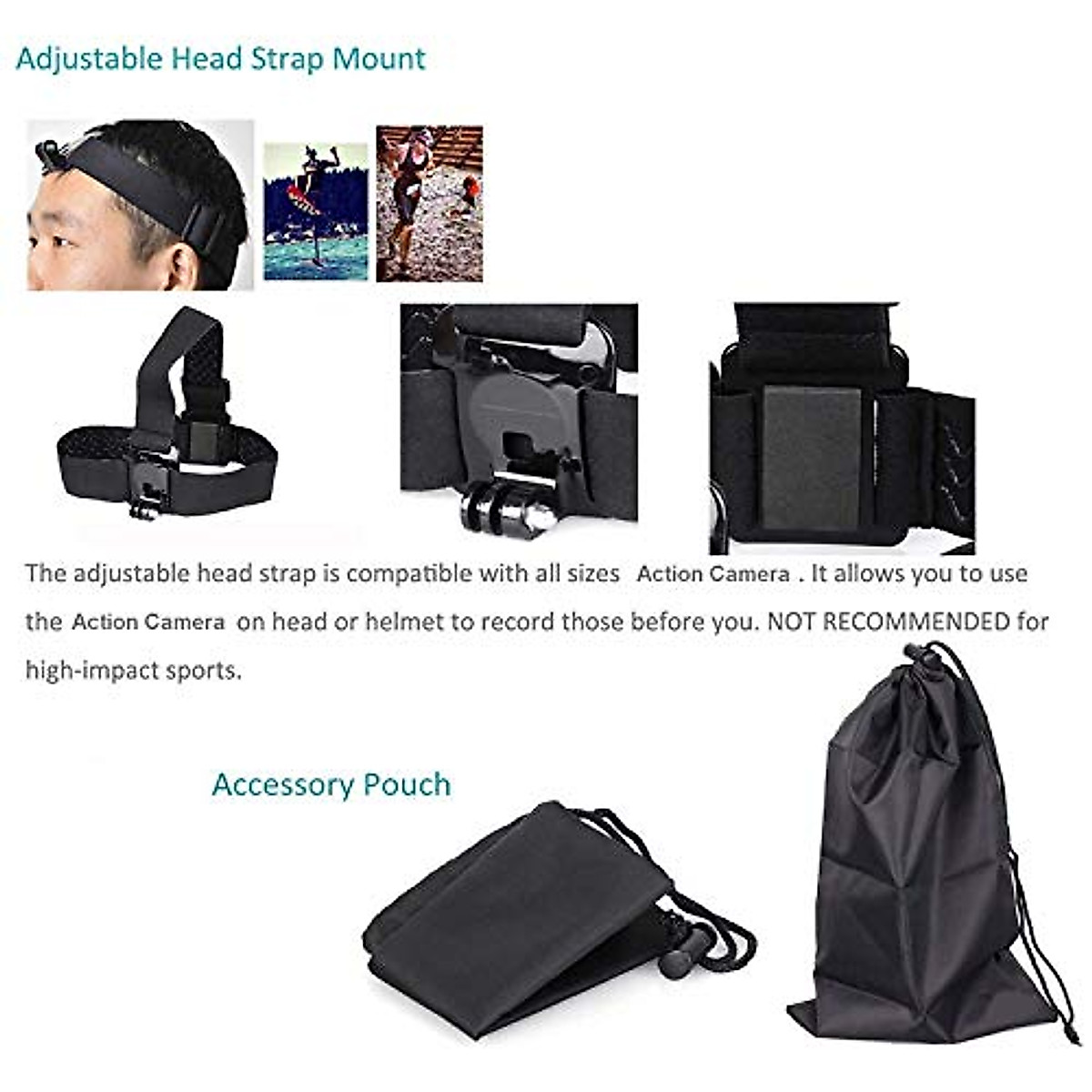 TEKCAM Action Camera Head Strap Chest Harness Belt Mount with Carrying Pouch Compatible with Gopro Hero 11 10 9 8 7 6/AKASO EK7000 Brave 4 V50X Native/Vemont/Dragon Touch/WOLFANG Action Camera