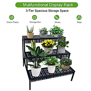 aboxoo 3 Tier Stair Style Large Metal Plant Stand, Garden Display Shelf Flower Pot Holder Storage Organizer Rack for Indoor Home Outdoor Patio Balcony Yard( Black, Rectangle)