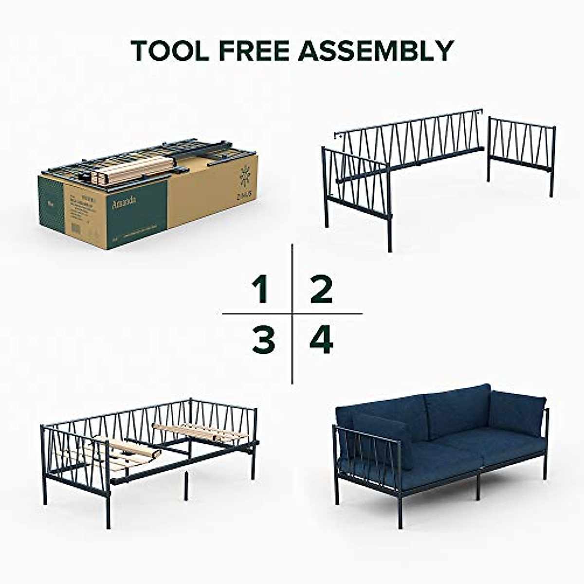 ZINUS Amanda Navy Metal Sofa / Steel Framework with Upholstered Cushions / Easy Assembly