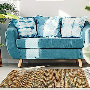 Lr Home Hand-Woven Light Blue Braided Jute Rug, Tan/Blue