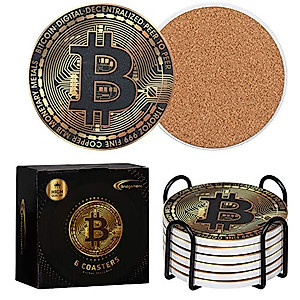 Bridgemore Physical Bitcoin Coasters for Drinks - Set of 6 Ceramic Bitcoin Coin Coasters for Drinks Absorbent with Holder - Great Bitcoin Gift Idea or House Warming Presents for New Home