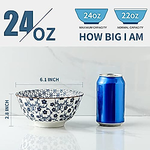 YELLOYA Porcelain Cereal Bowls 24 oz - 6 Inch Ceramic Soup Bowl, Set of 6,Vintage Blue and White Bowls for Rice, Salad, Snack, Dishwasher & Microwave Safe