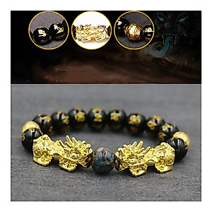 DYLIJU Bracelets Men Wealth Bracelet Feng Shui Pi Xiu Bracelet Stone Beads Black Obsidian Men Women Couples Bracelet Wristband Jewelry Mens Bracelet (Length : 17cm, Metal Color : 09)
