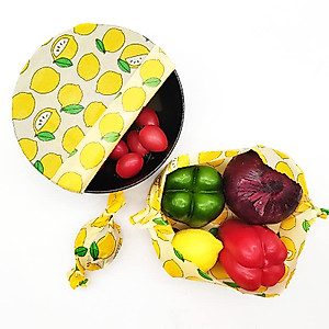 Beeswax Reusable Food Wraps - (6 Packs, 3 Sizes S,M,L, with 2 Meter Hemp Rope, Two Buttons) Plastic and Silicone Free, Eco-friendly Wrap, Wax Paper for Food,Yellow Lemon