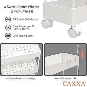 CAXXA 3 Tier Slim Mobile Utility Cart Rolling Cart ,Plastic Basket Storage Organizer, for Kitchen Laundry Bathroom Living Room Narrow Place Slide Out Storage Cart with Casters (White, 15.75Lx7W)