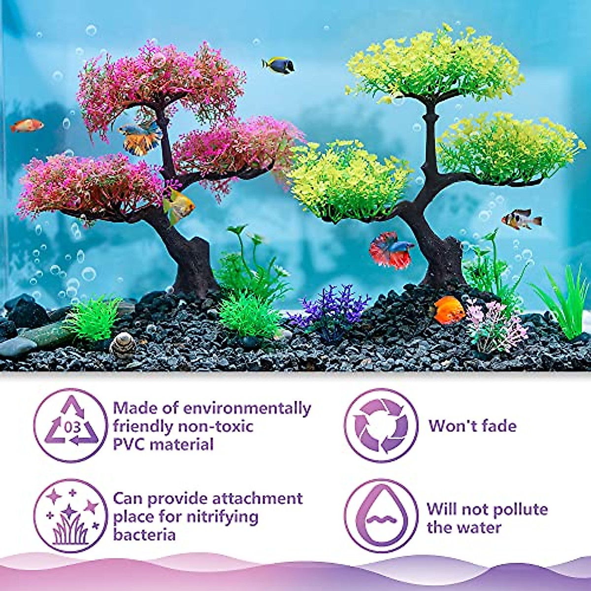 Ameliade Aquarium Artificial Plastic Plants Decoration, Pink Cherry Blossom Tree & Grass Aquarium Decor Set, Goldfish Betta Fish Tank Decorations Hides Accessories （Pink