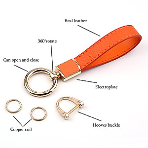 leather men and women general-purpose car keychain chain holders can be rotated 360 degrees, anti-lost D-rings, Orange + Gold Horseshoe Buckle,