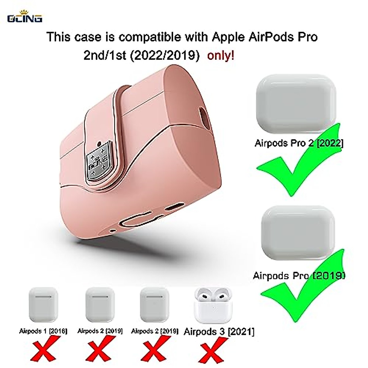 OCING 6 in One Airpods Pro 2 Case with Secure Lock, Full Body Protective Case Compatible with Airpod Pro 2nd / 1st Generation（2022/2019）, Supports Wireless Charging (Pink)